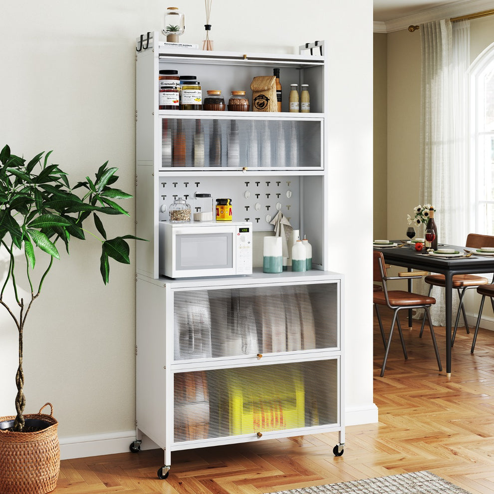 6-Tier Kitchen Pantry Cabinet Buffet Cabinet with Hutch-White ...