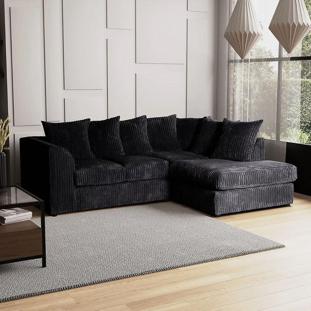 Blake Jumbo Cord Black Corner Sofa - Right and Left Arm – Furniture Wave